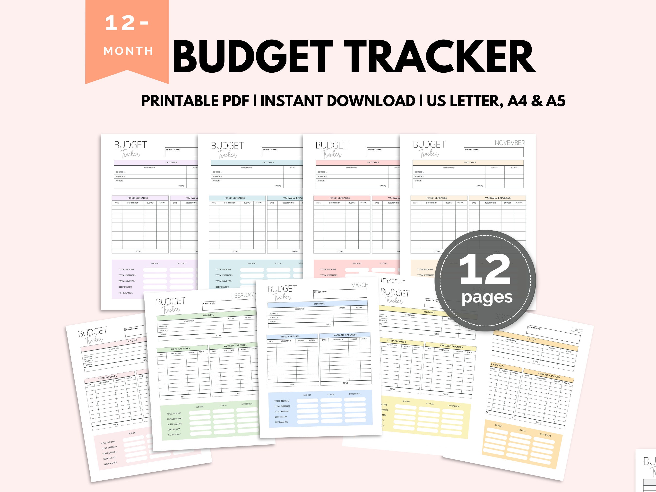 12-month Budget Tracker | Monthly Budget Planner | Printable PDF ...
