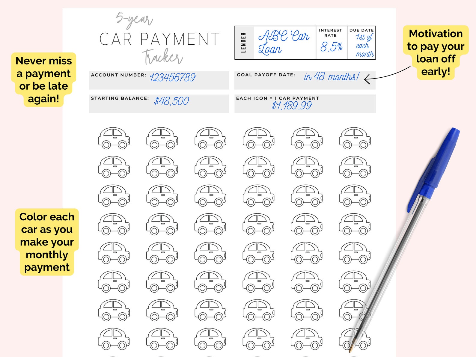 Car Loan Payment Tracker | 5 Year Car Payment Tracker | Debt Payoff ...