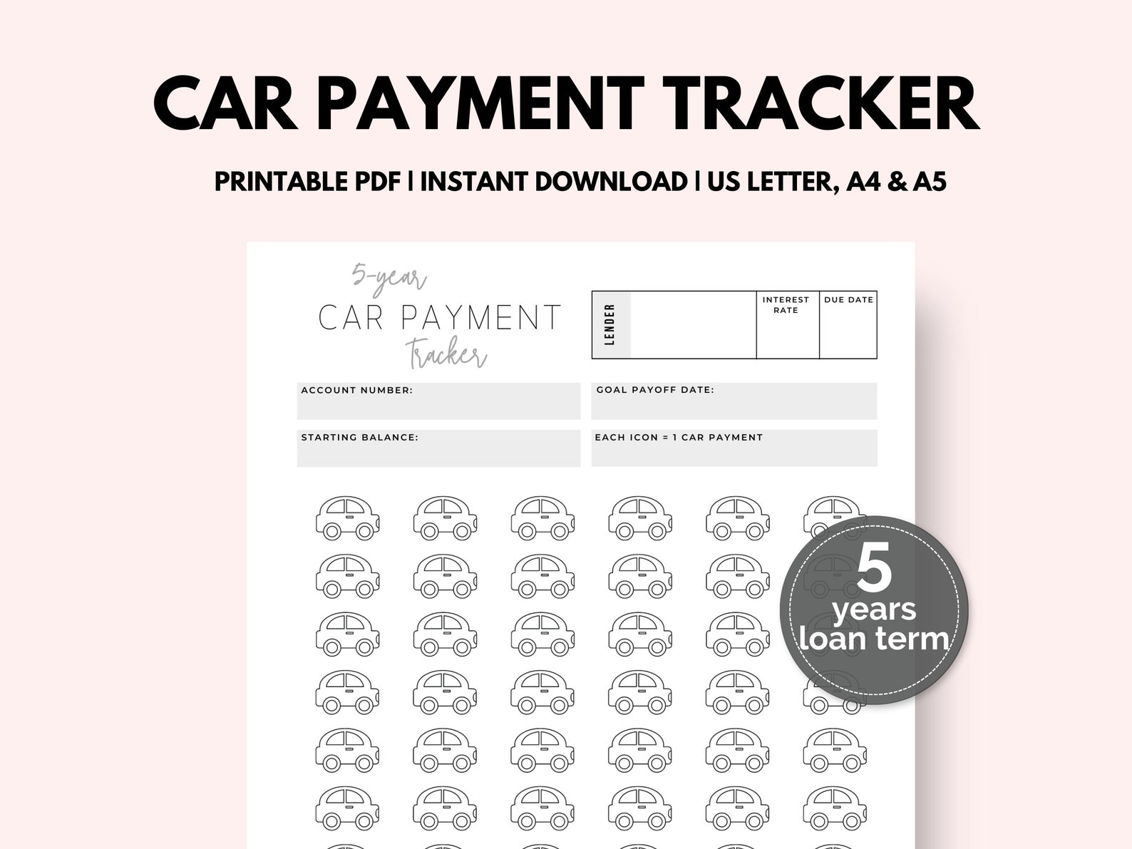 Car Loan Payment Tracker | 5 Year Car Payment Tracker | Debt Payoff ...