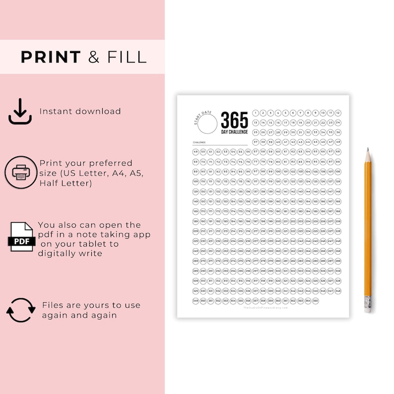365-day Challenge Tracker Printable: Goal Tracker, Instant PDF Download ...