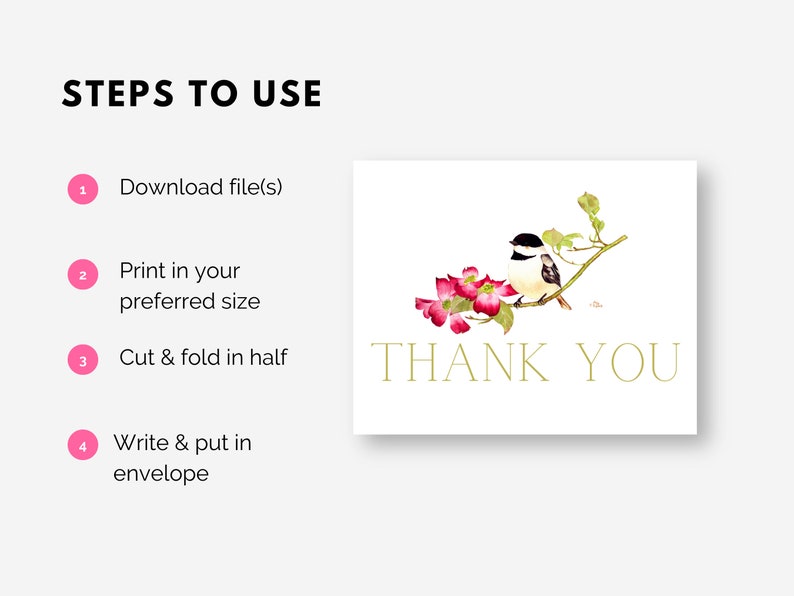 Printable Thank You Card Watercolor Chickadee Bird Digital Card Instant ...