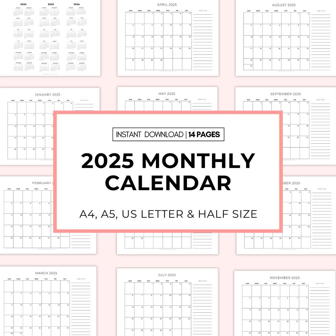 2025 Monthly Calendar Planner 12 Months Calendar Sunday Start | Digital ...