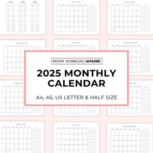 2025 Monthly Calendar Planner 12 Months Calendar Sunday Start | Digital ...