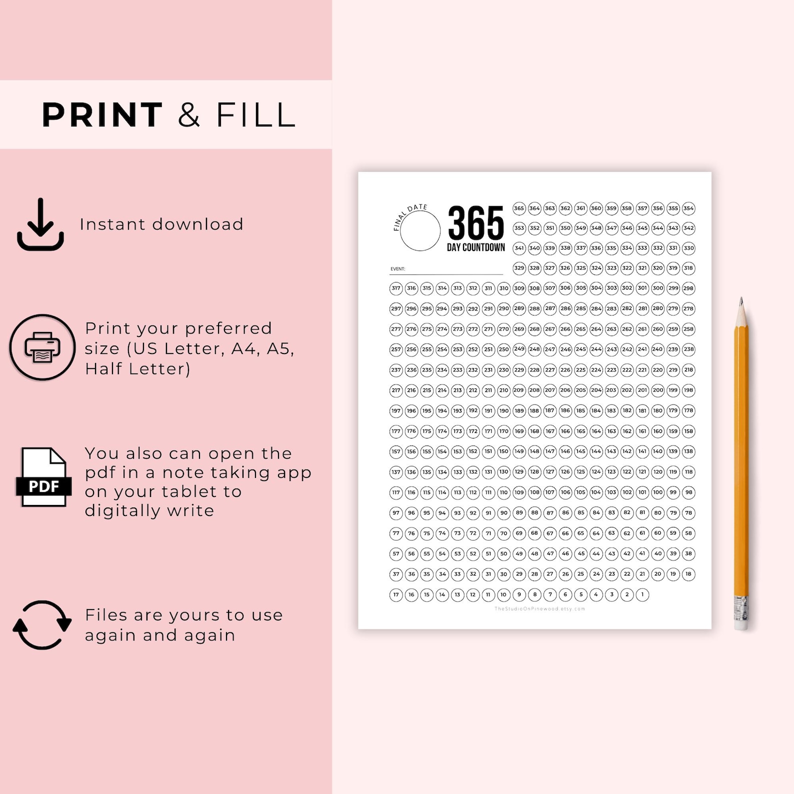 365 Day Countdown Tracker Printable: Retirement, Wedding, Vacation ...
