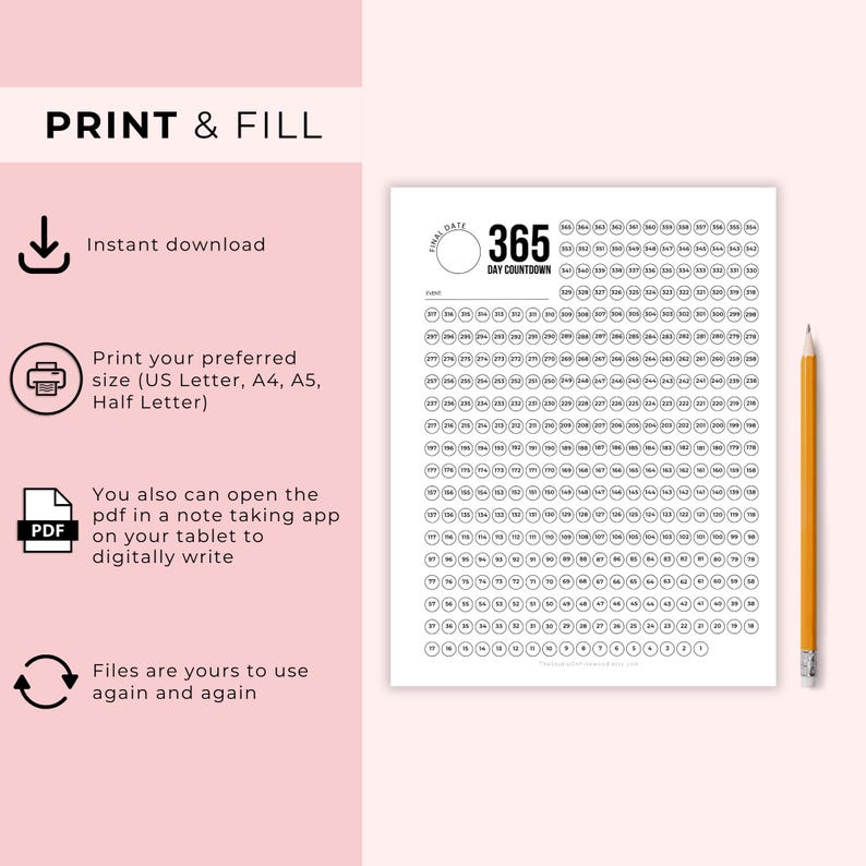 365 Day Countdown Tracker Printable: Retirement, Wedding, Vacation ...