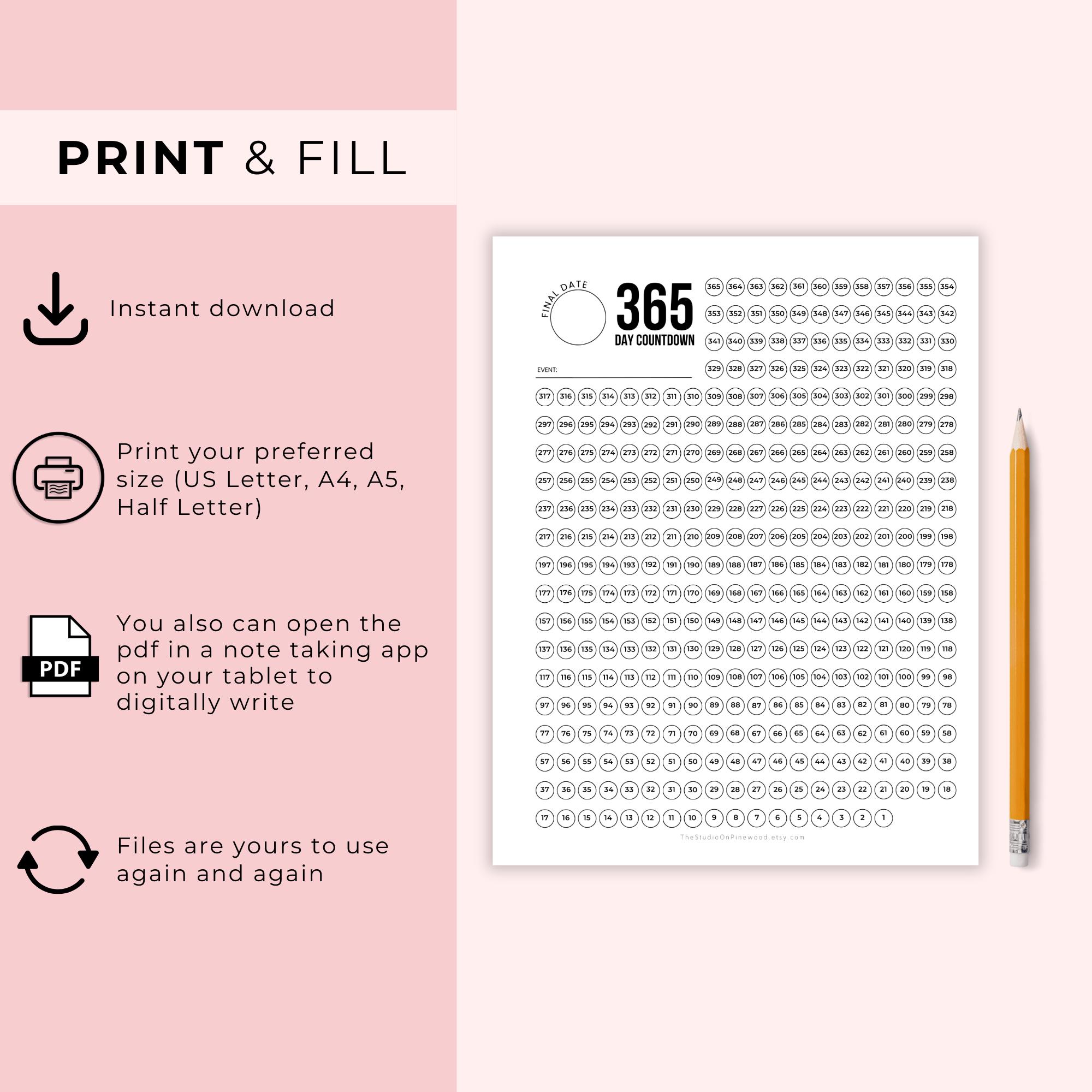 365 Day Countdown Tracker Printable: Retirement, Wedding, Vacation ...