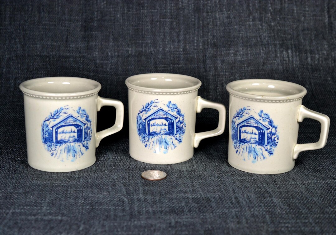 Vintage Sears Covered Bridge Mugs: Set of 3 Blue Scenes - Etsy