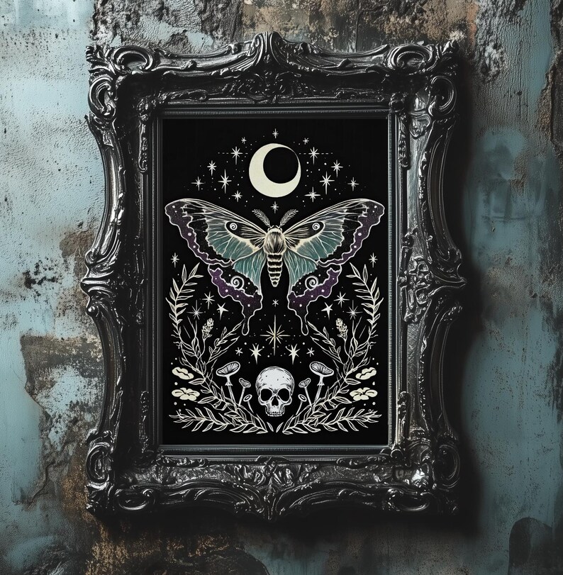 Lunar Moth Art Print, Goth Art, Moon Phase, Goth Decor, Halloween, Goth ...