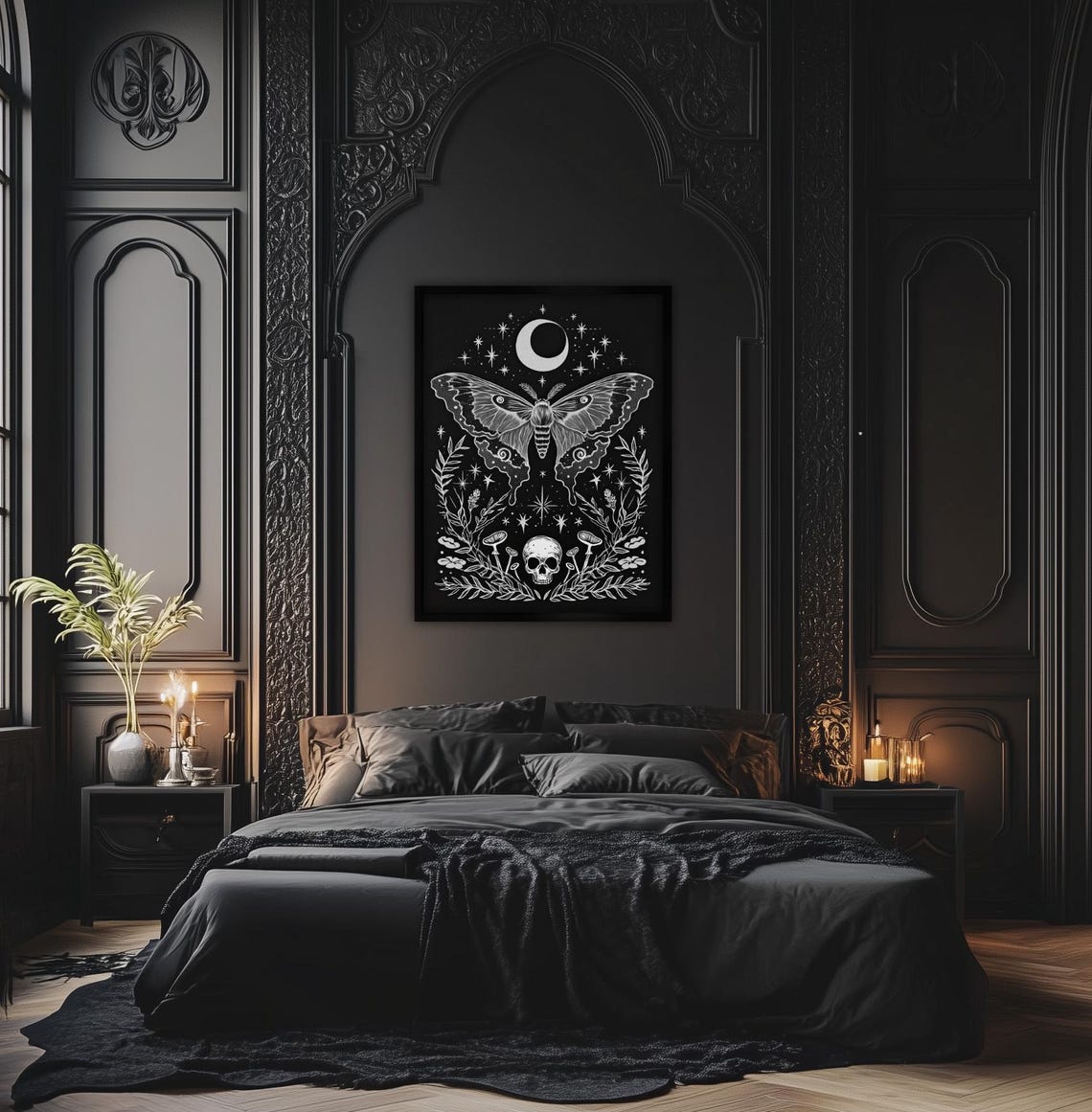 Lunar Moth Art Print, Goth Art, Moon Phase, Goth Decor, Halloween, Goth ...