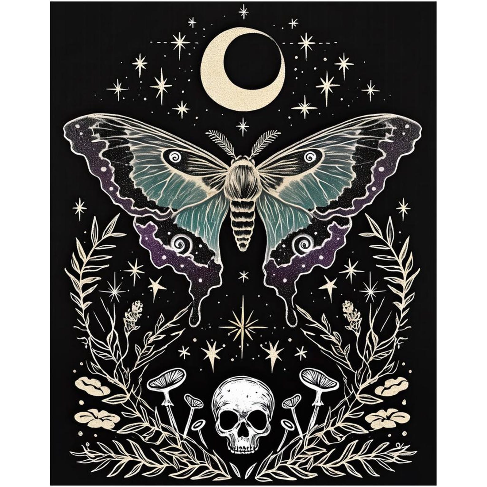 Lunar Moth Art Print, Goth Art, Moon Phase, Goth Art, Goth Decor ...