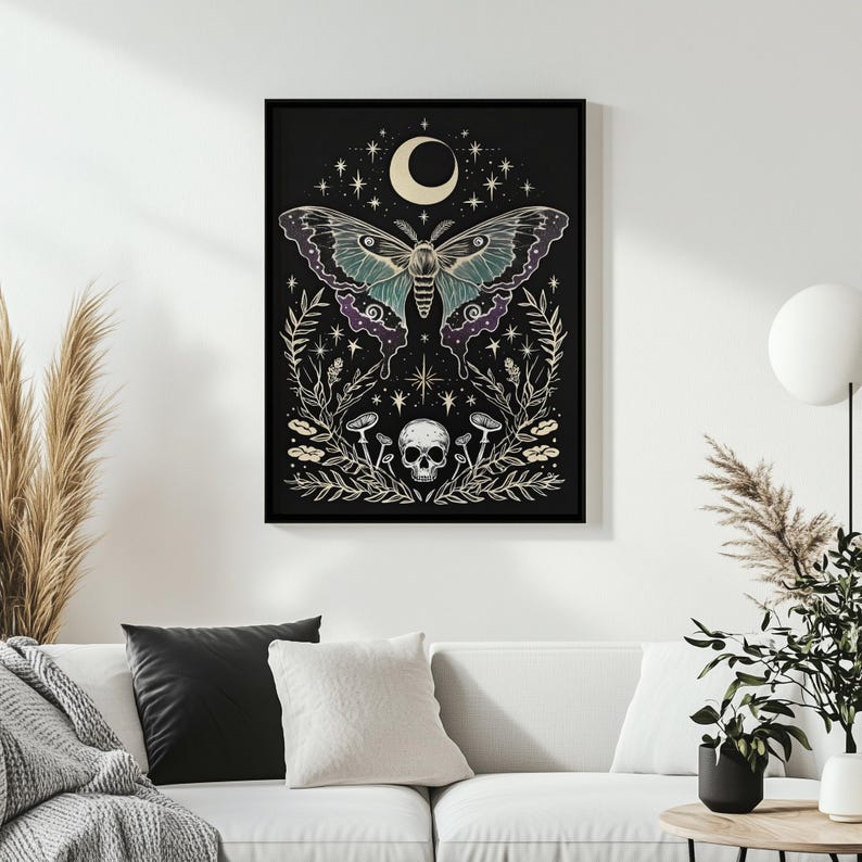 Lunar Moth Art Print, Goth Art, Moon Phase, Goth Decor, Halloween, Goth ...