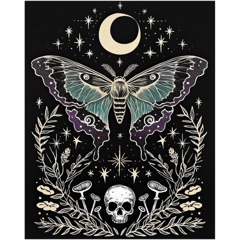 Lunar Moth Art Print, Goth Art, Moon Phase, Goth Art, Goth Decor ...