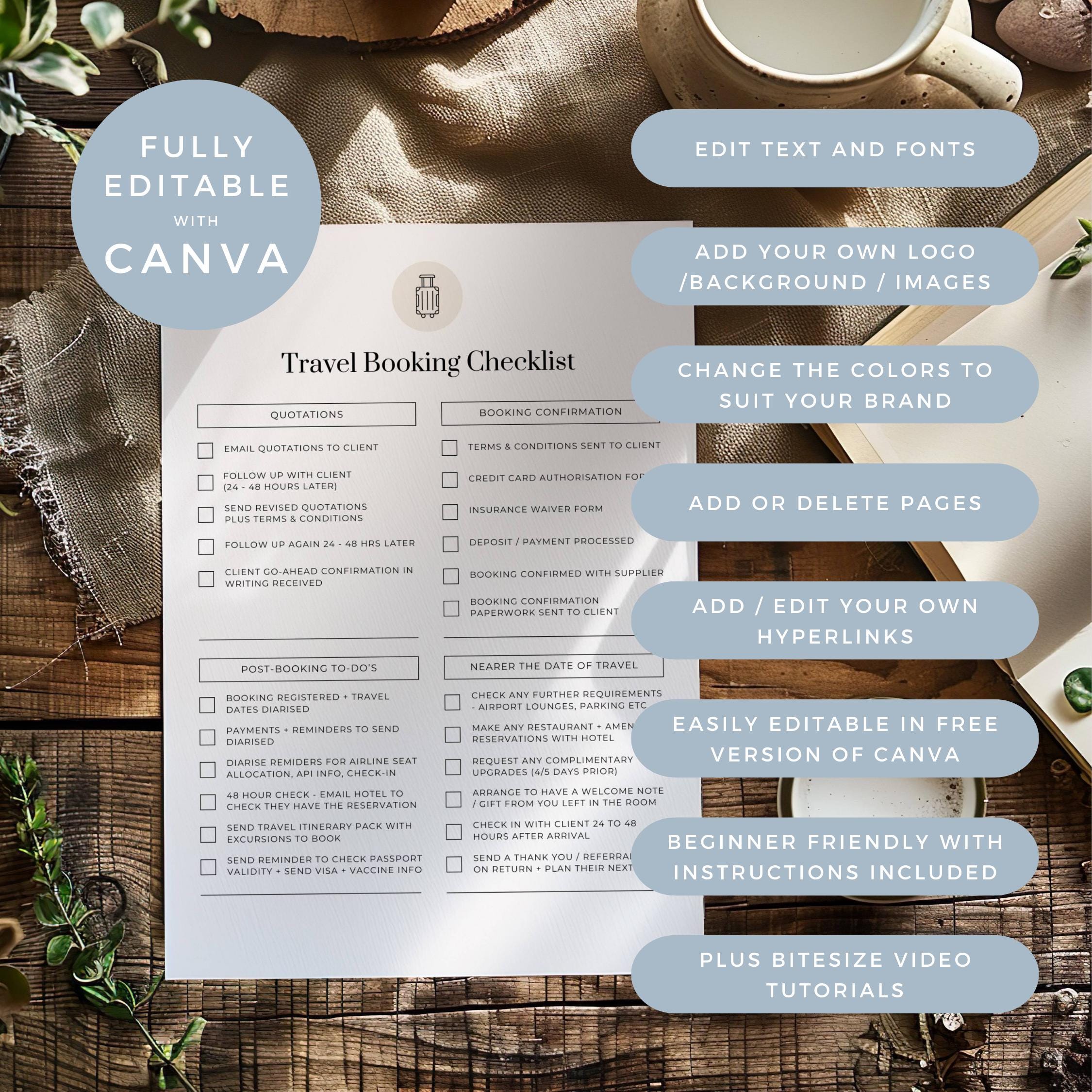 Travel Advisor Checklist Editable Template | Trip Booking Checklist ...