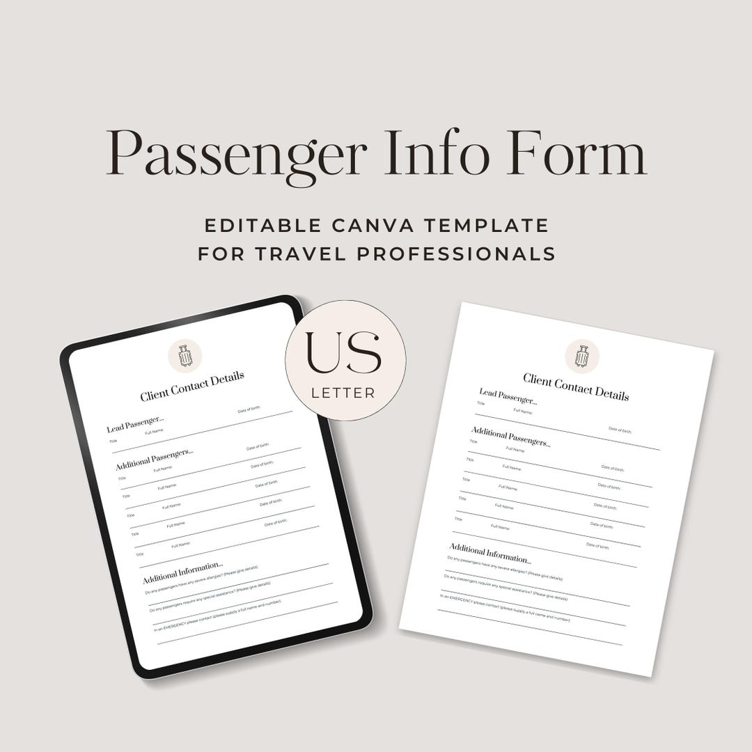 Passenger Information Form | Client Contact Details Document | Travel ...