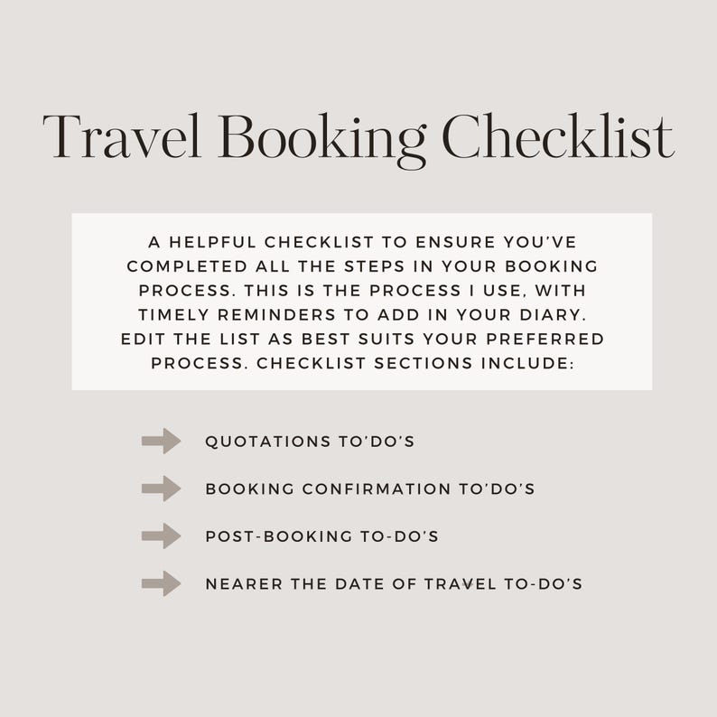 Travel Advisor Checklist Editable Template | Trip Booking Checklist ...