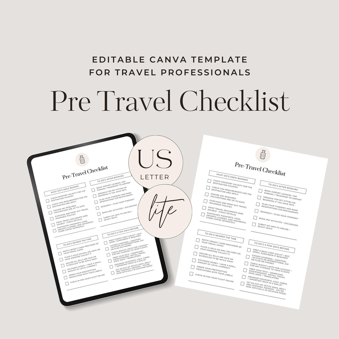 Pre Travel Checklist Editable Template | Vacation Checklist | Trip ...