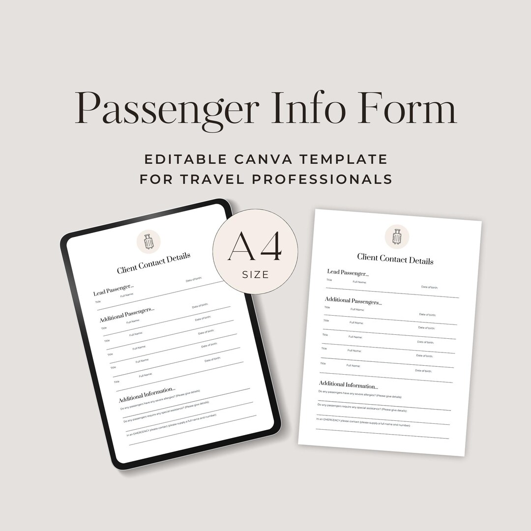 Passenger Information Form | Client Contact Details Document | Travel ...