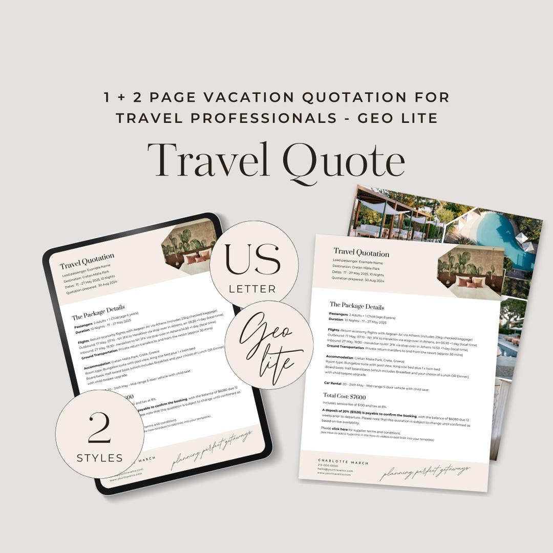 Editable Travel Quote Template: Vacation Quotation, US Letter (digital ...