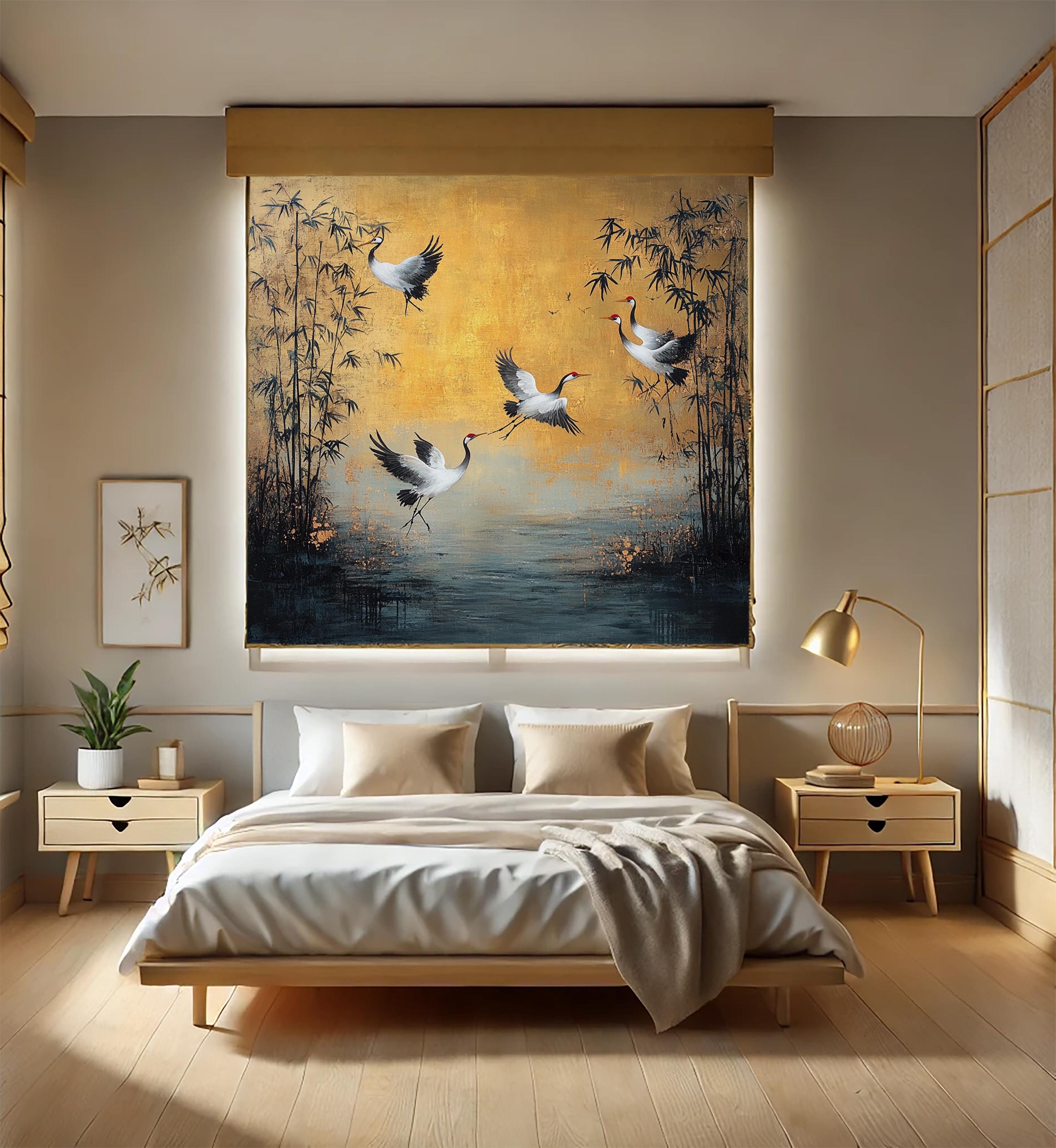Elegant Gold Crane and Bamboo Roller Blind - Crane Birds, - Vintage ...