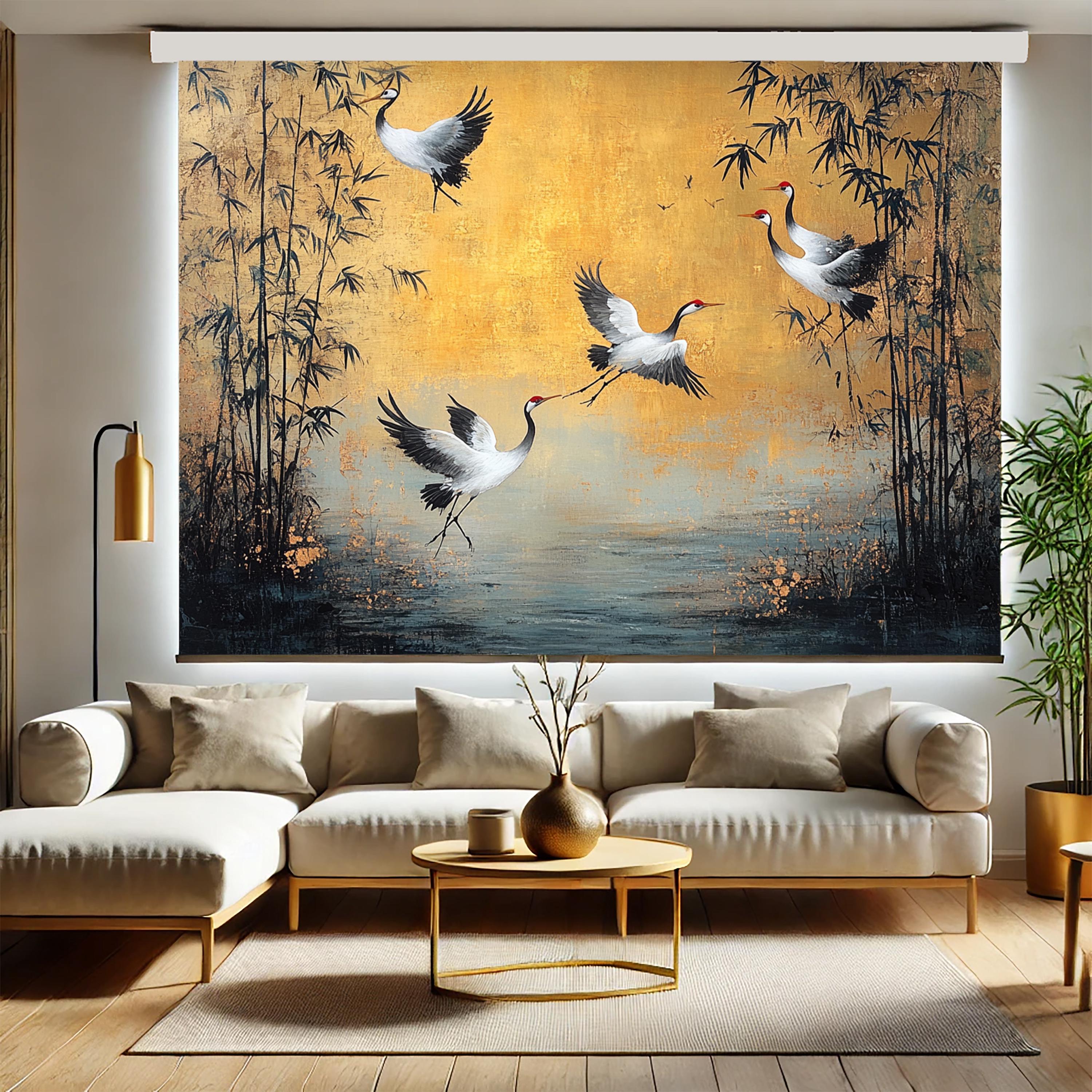 Elegant Gold Crane and Bamboo Roller Blind - Crane Birds, - Vintage ...