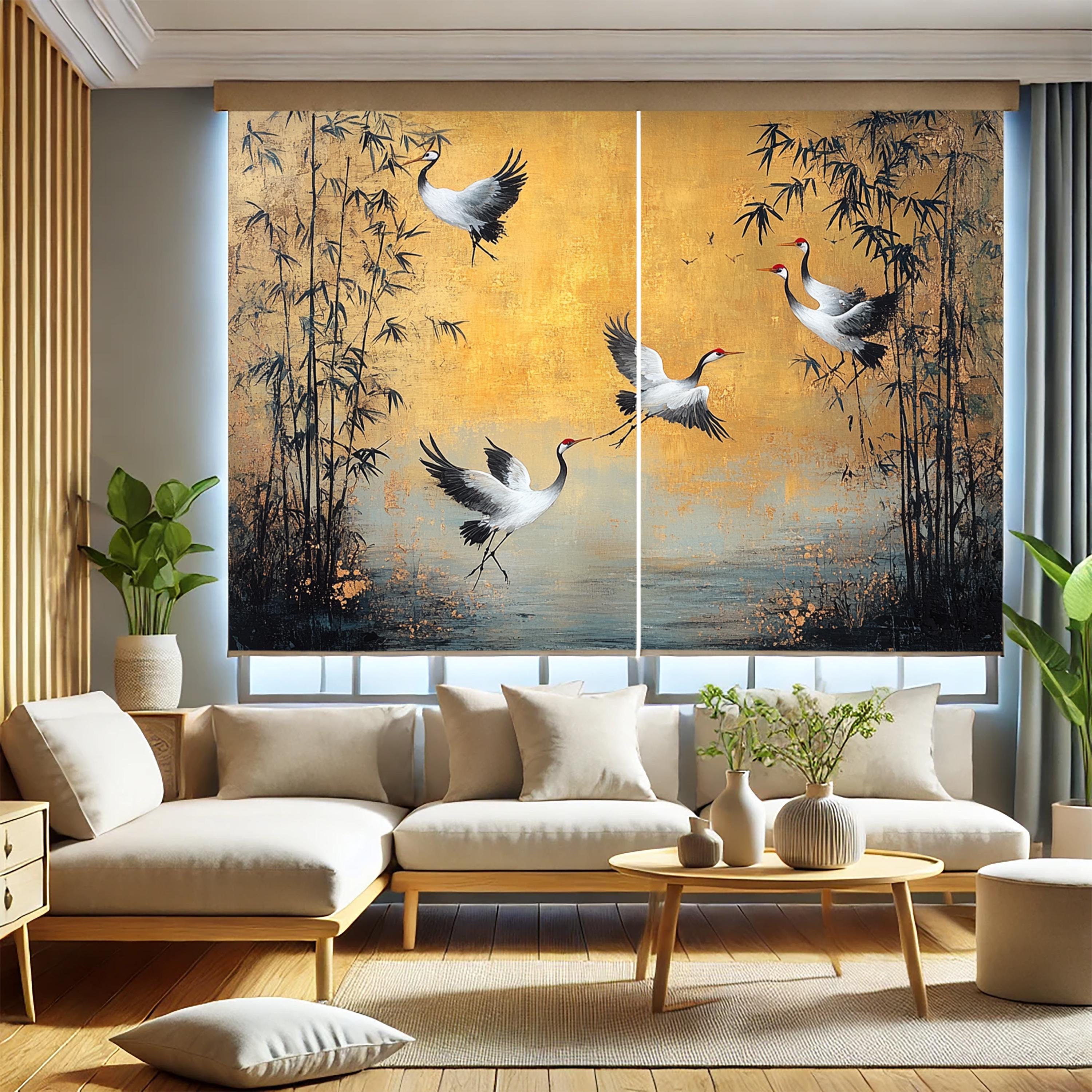 Elegant Gold Crane and Bamboo Roller Blind - Crane Birds, - Vintage ...