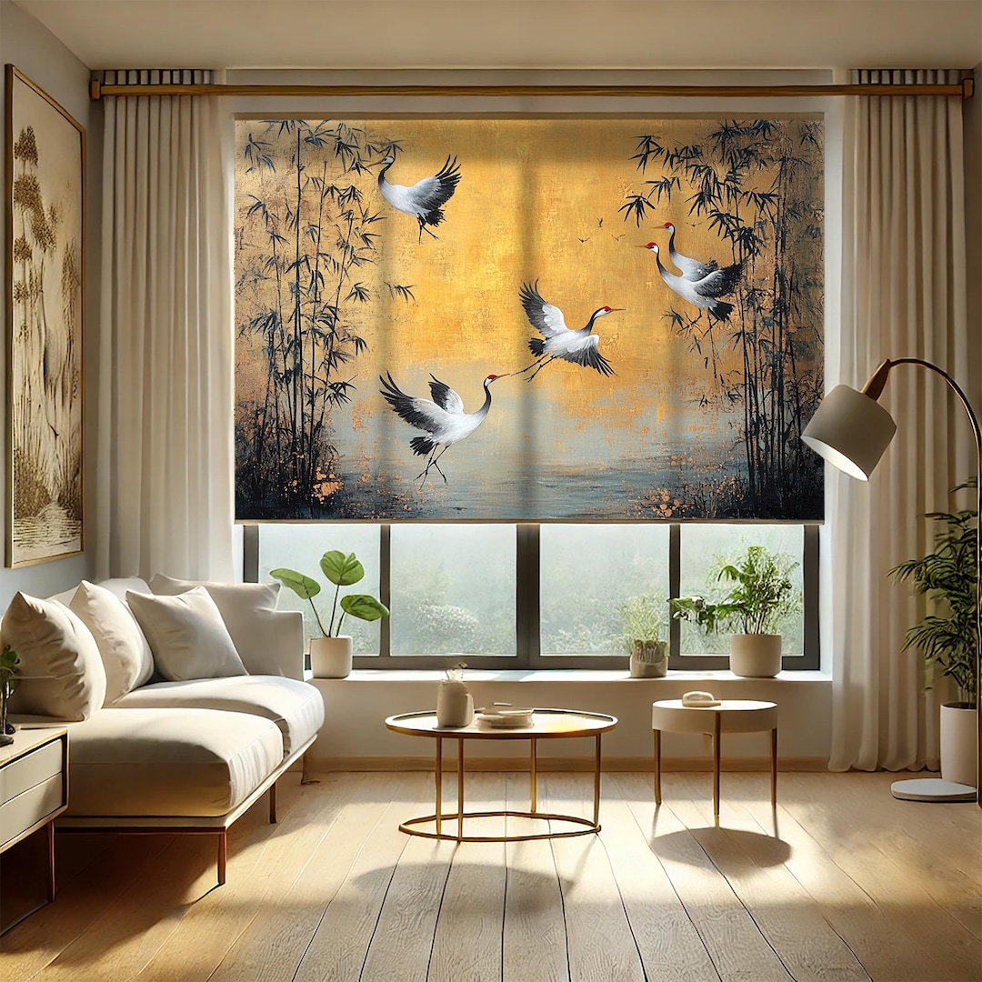 Elegant Gold Crane and Bamboo Roller Blind - Crane Birds, - Vintage ...
