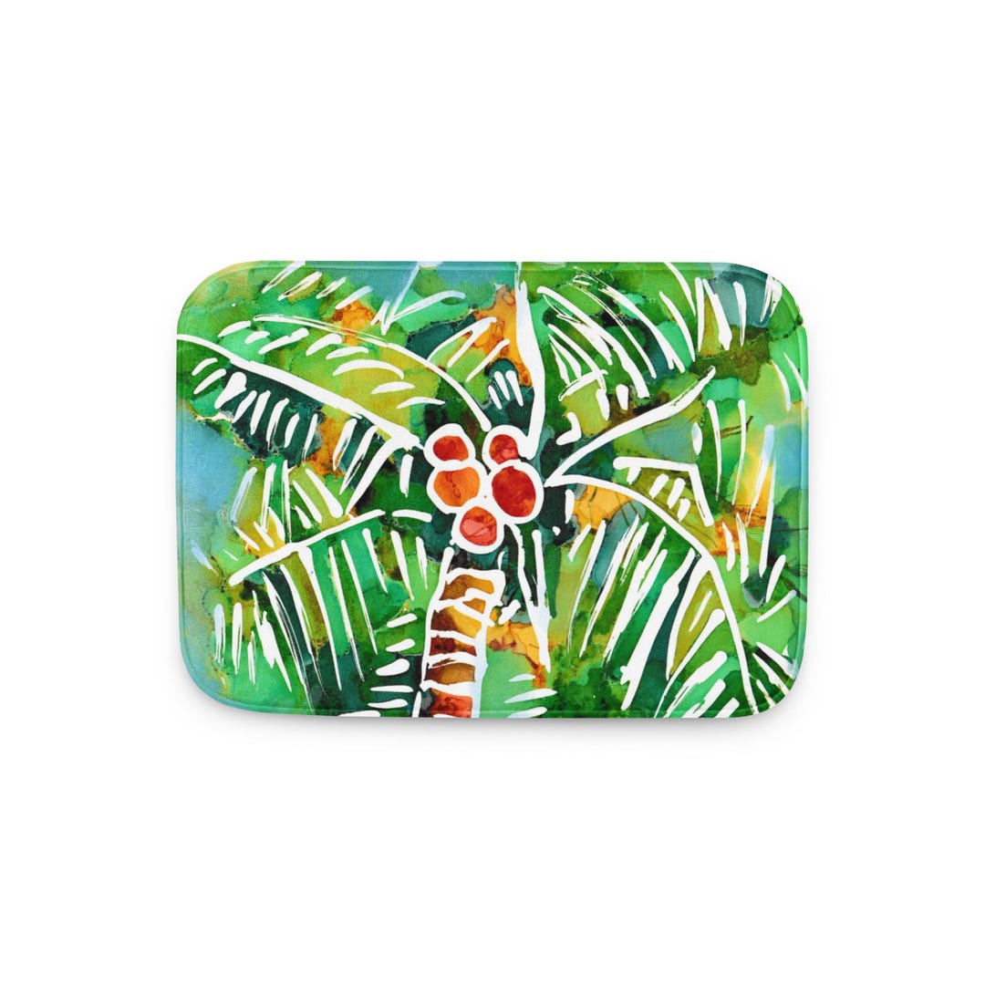Tropical Palm Tree Memory Foam Bath Mat – Coastal Bathroom Decor, Soft ...