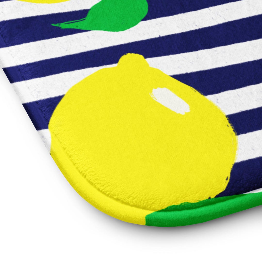 Lemon Blue and White Striped Memory Foam Bath Mat – Summer Citrus ...