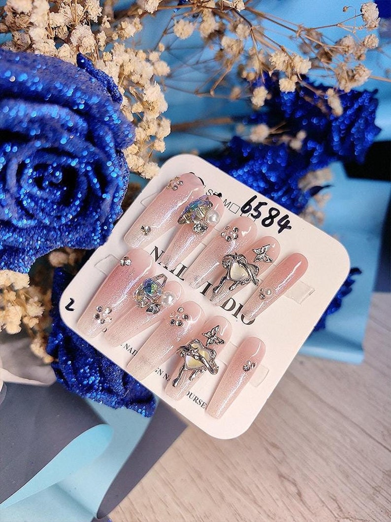 Pink Glitter Press on Nails Handmade Gel Fake Nails Rhinestone & Pearl ...