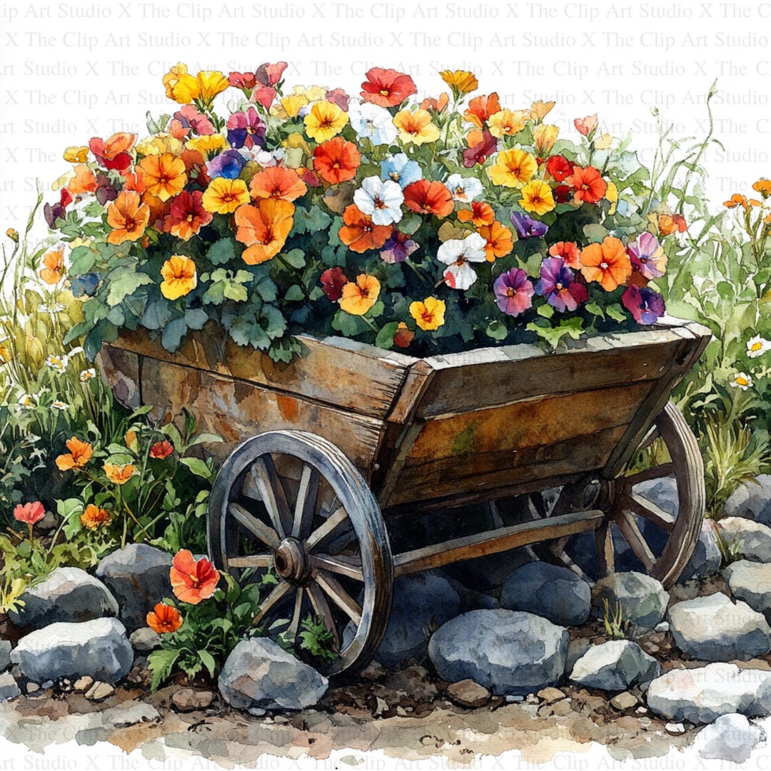 Watercolor Wheelbarrow With Flowers Clipart | 10 High Quality Jpgs ...