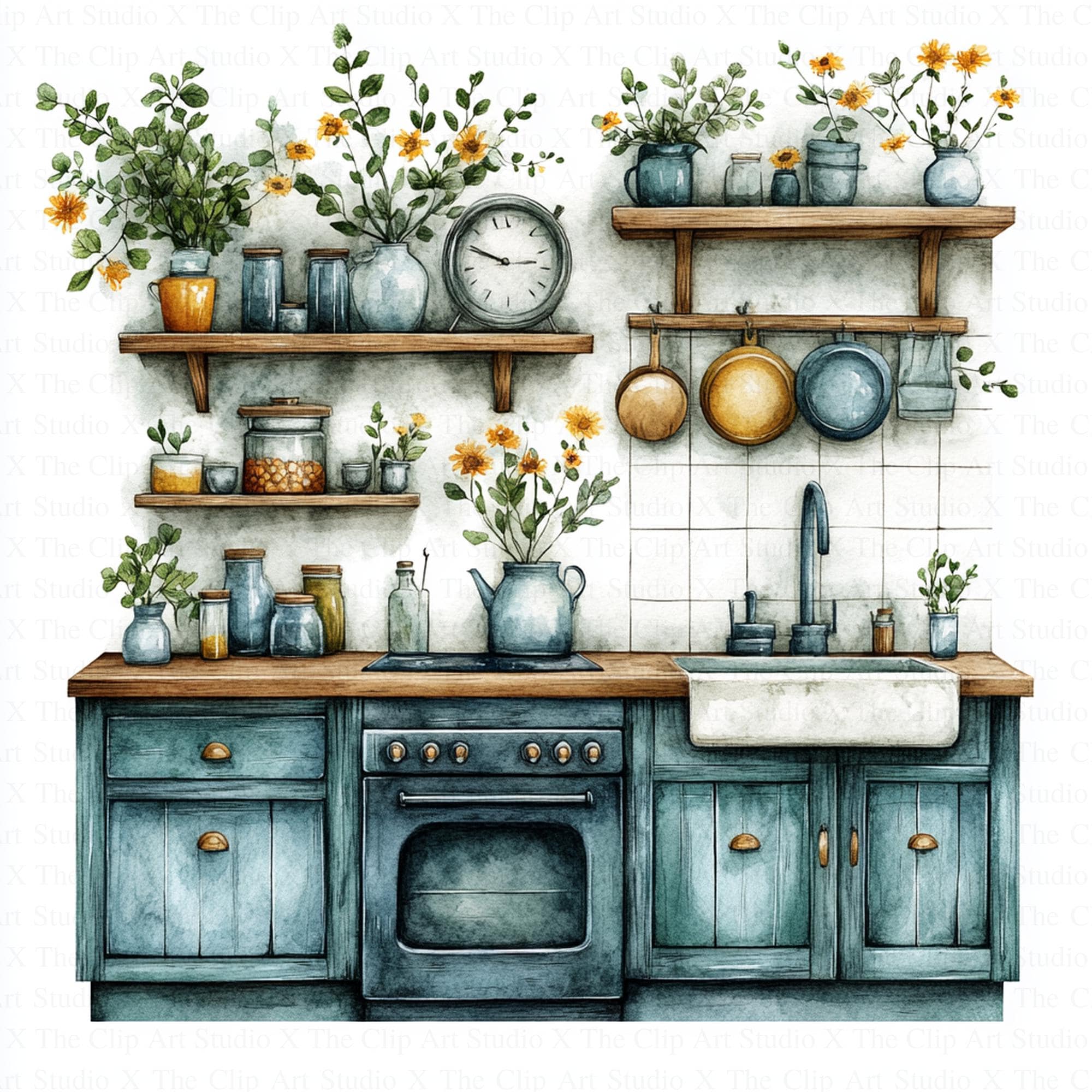 Floral Kitchen Clipart 10 High Quality Jpgs Digital Download Pots and ...
