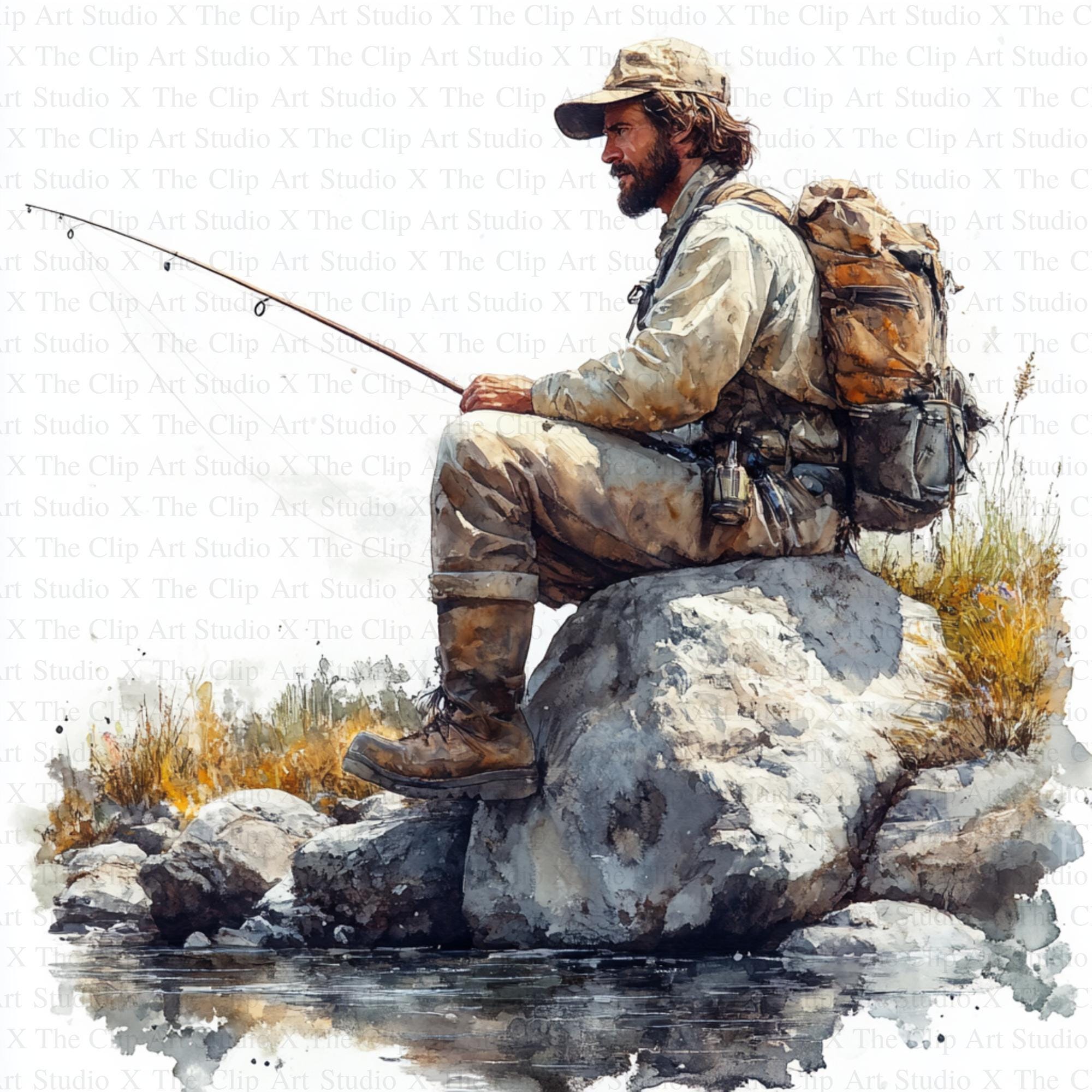Watercolor Man Fishing Clipart | 10 High Quality Jpgs | Digital ...