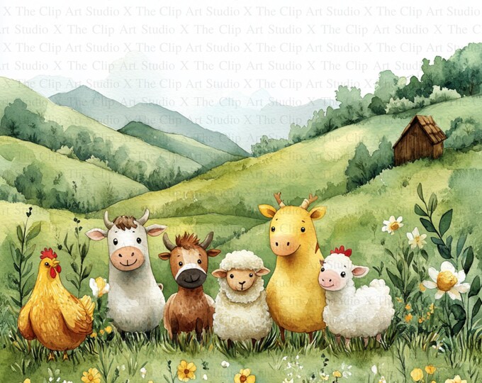 Watercolor Countryside Animals Clipart, Landscape Scenes, PNG, Digital ...