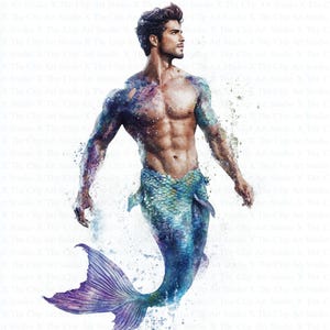 Watercolor Mermaid Man Clipart | 10 High Quality Jpgs | Digital ...