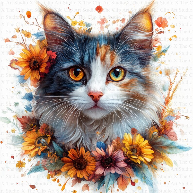 Floral Cats Clipart | 10 High Quality Jpgs | Instant Digital Download ...