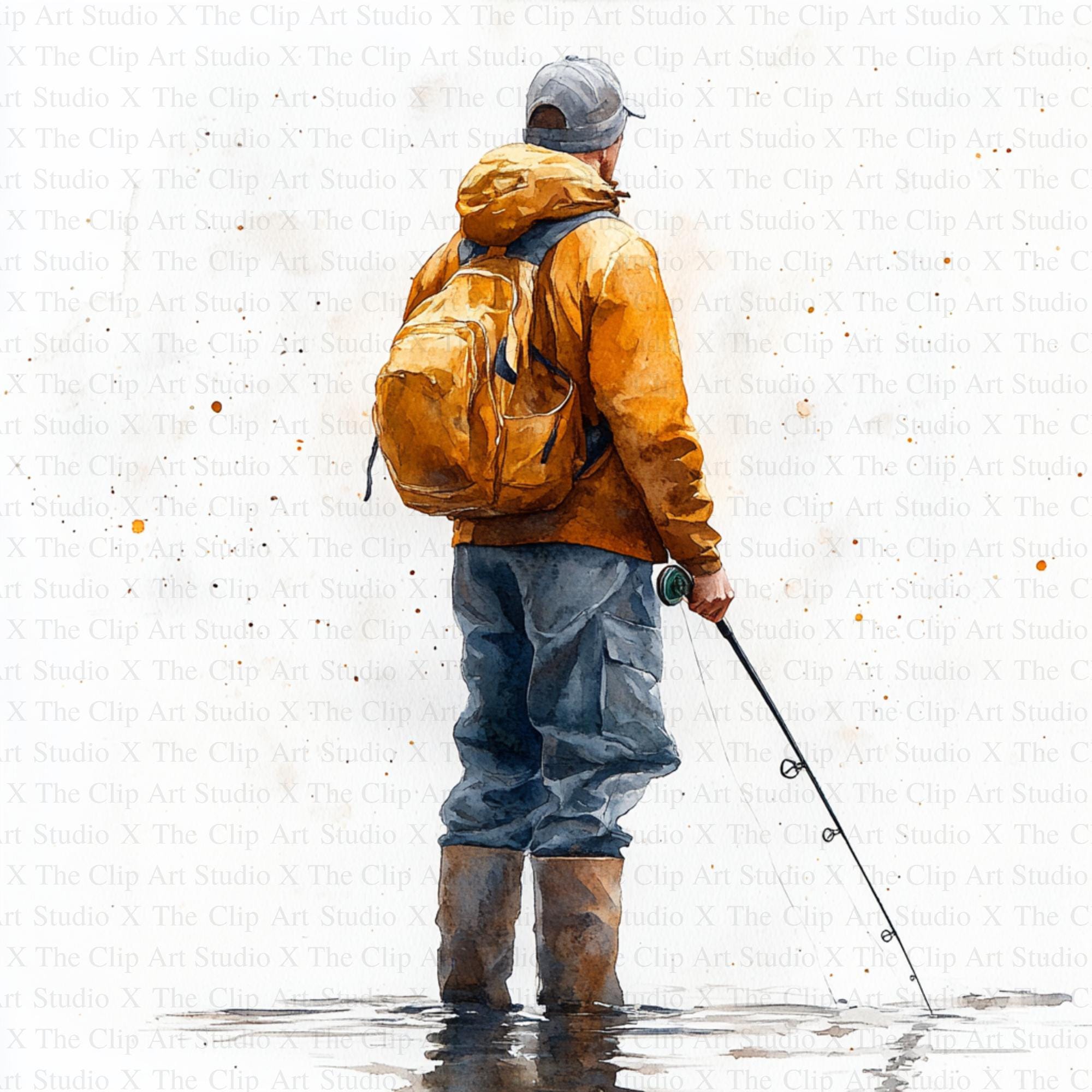 Watercolor Man Fishing Clipart | 10 High Quality Jpgs | Digital ...