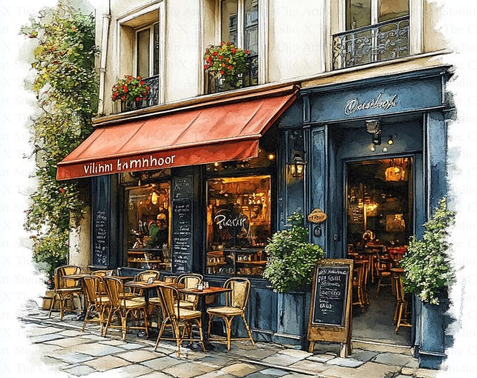 15 Cafe in Paris Clipart, Watercolor French Cityscape Clip Art ...