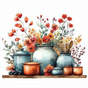 Floral Kitchen Clipart | 10 High Quality Jpgs | Digital Download | Pots ...