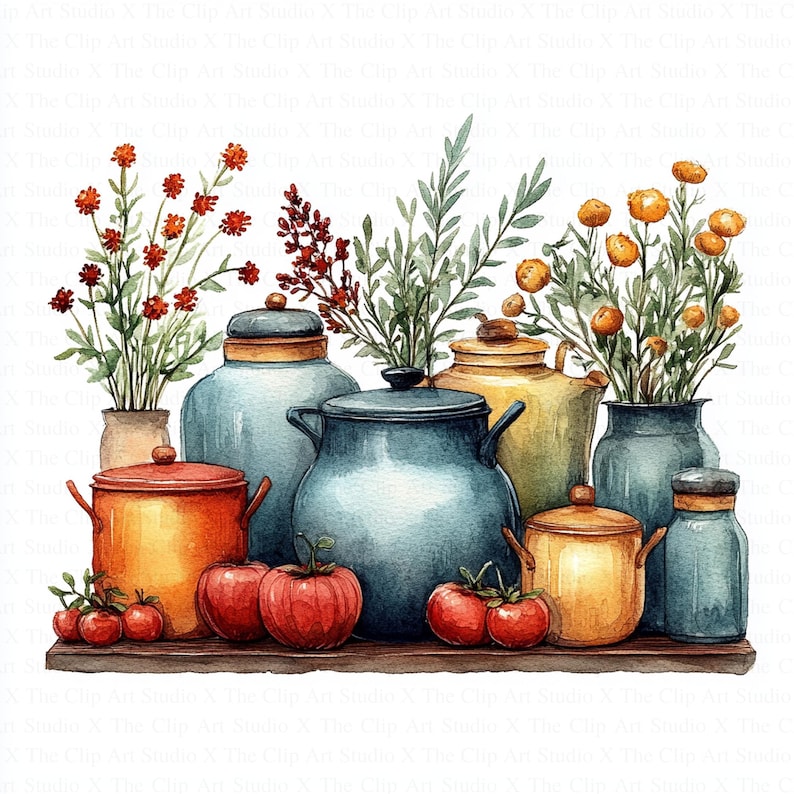 Floral Kitchen Clipart 10 High Quality Jpgs Digital Download Pots and ...