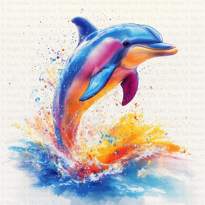 Watercolor Colorful Dolphins Clipart | 10 High Quality Jpgs | Digital ...