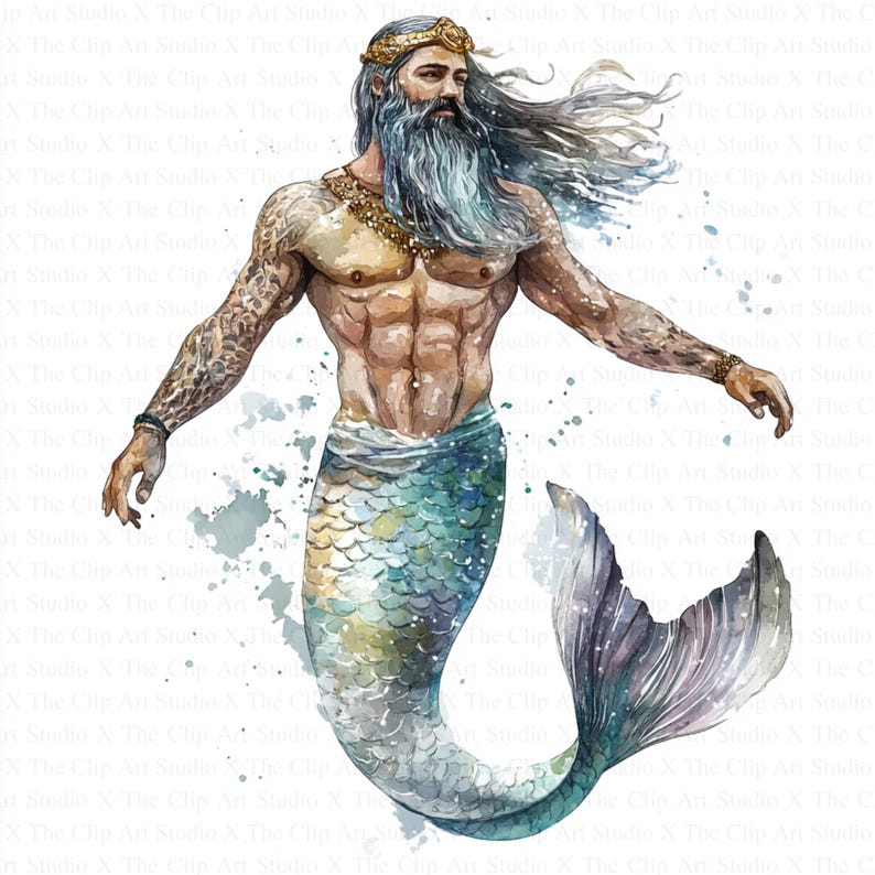 Watercolor Mermaid Man Clipart 10 High Quality Jpgs Digital Download ...