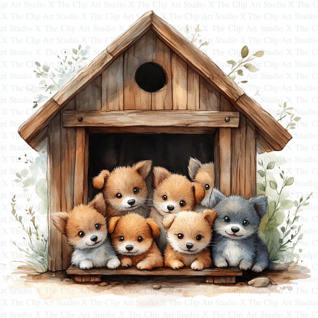 Puppies in Dog House Clipart | 10 High Quality Jpgs | Instant Digital ...
