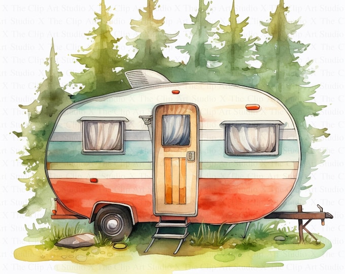 9 Cartoon Trailer Clipart, Camping Trailer, Printable Watercolor ...