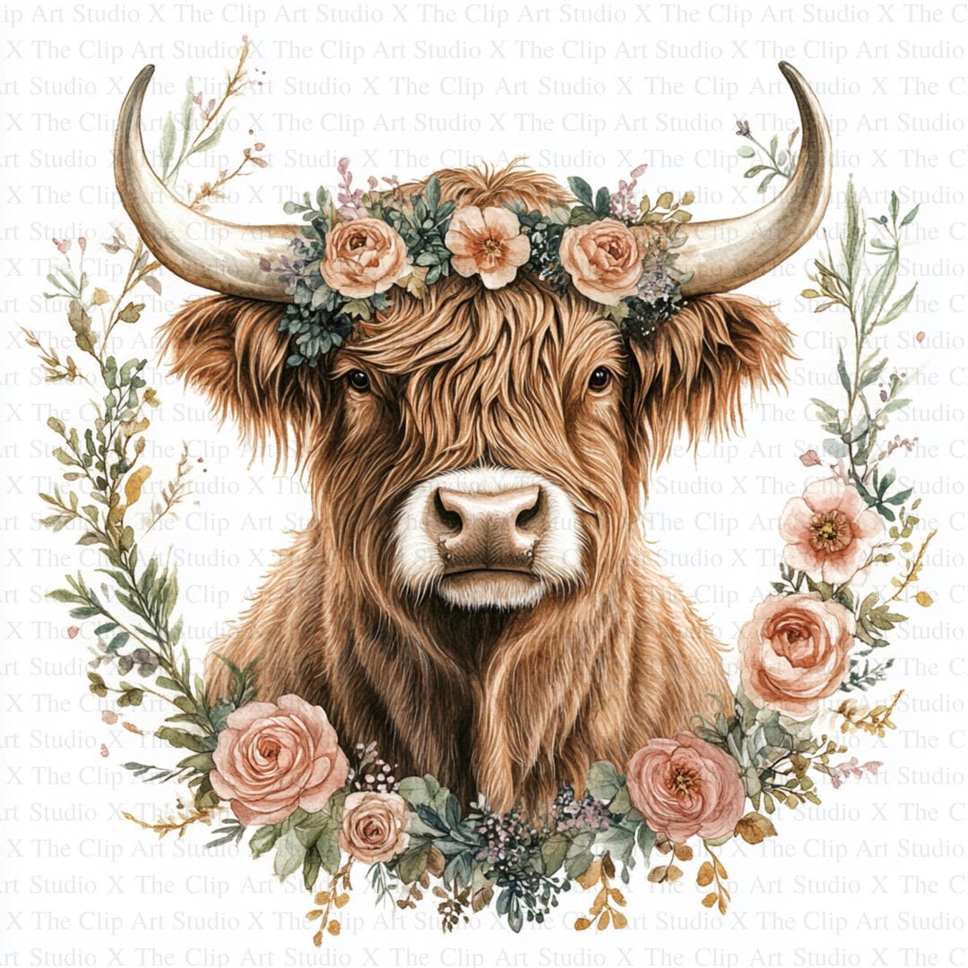 Floral Highland Cows Clipart | 10 High Quality Jpgs | Digital Download ...
