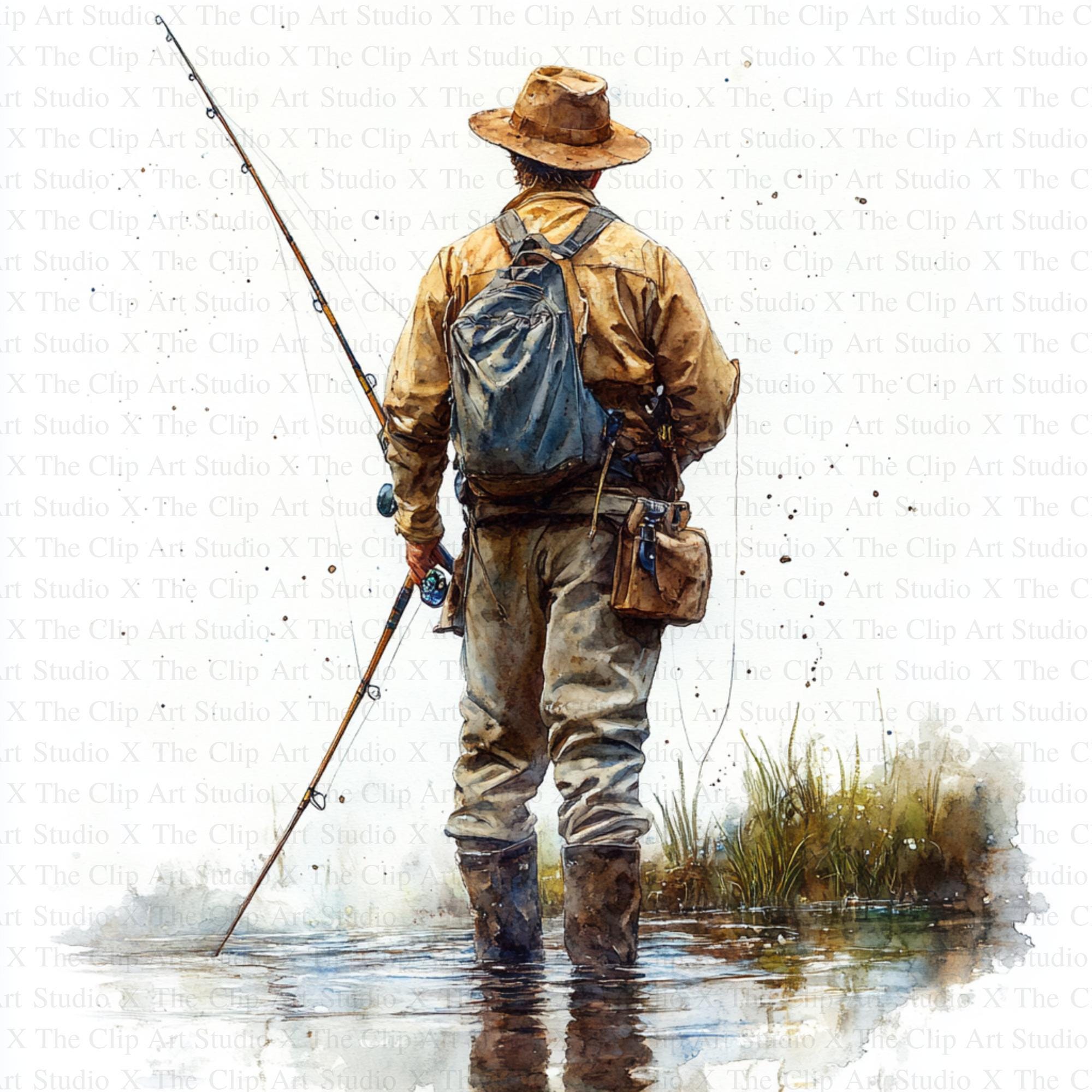 Watercolor Man Fishing Clipart | 10 High Quality Jpgs | Digital ...
