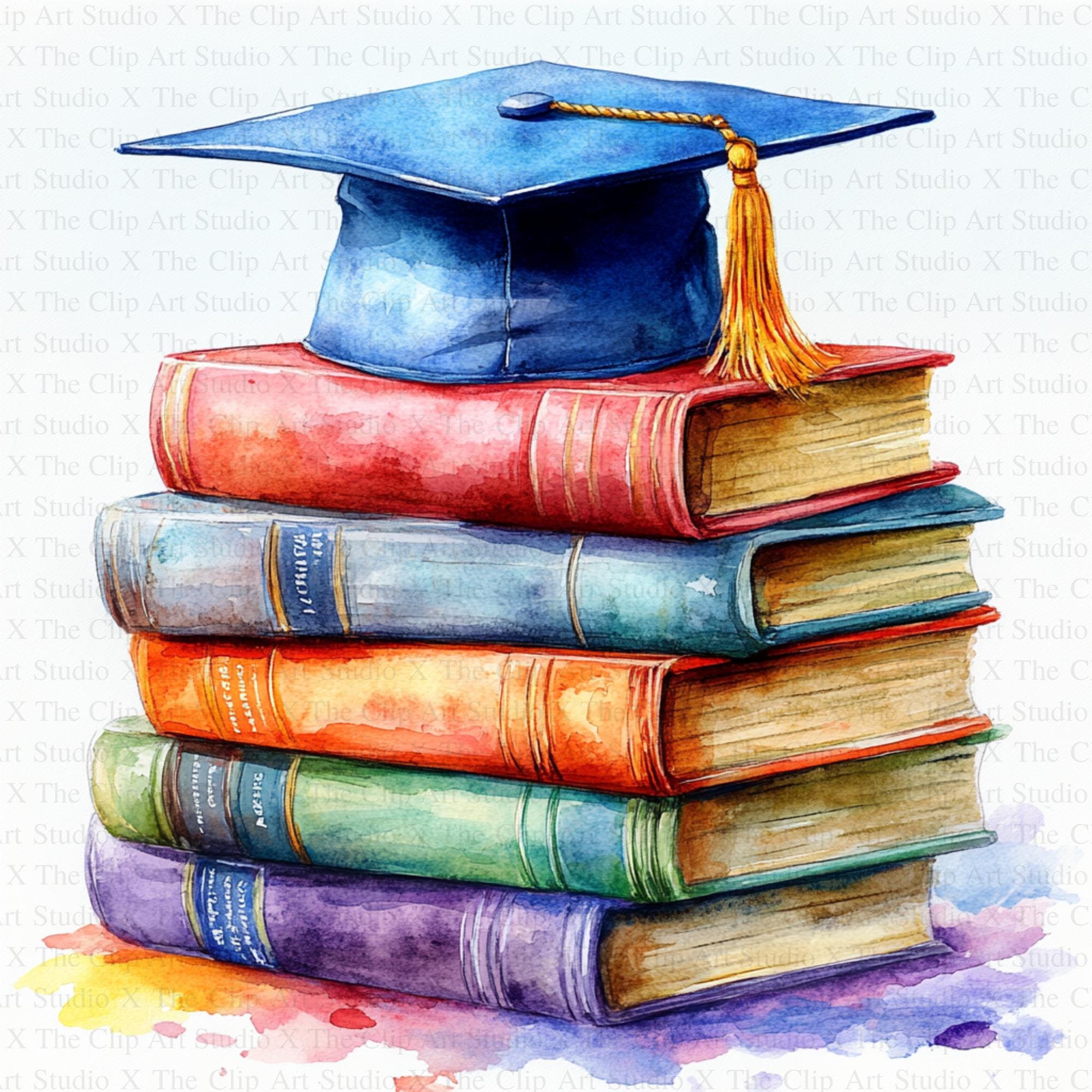 Graduation Hat on Books Clipart 10 High Quality Jpgs Instant Digital ...