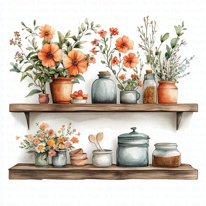 Floral Kitchen Clipart 10 High Quality Jpgs Digital Download Pots and ...