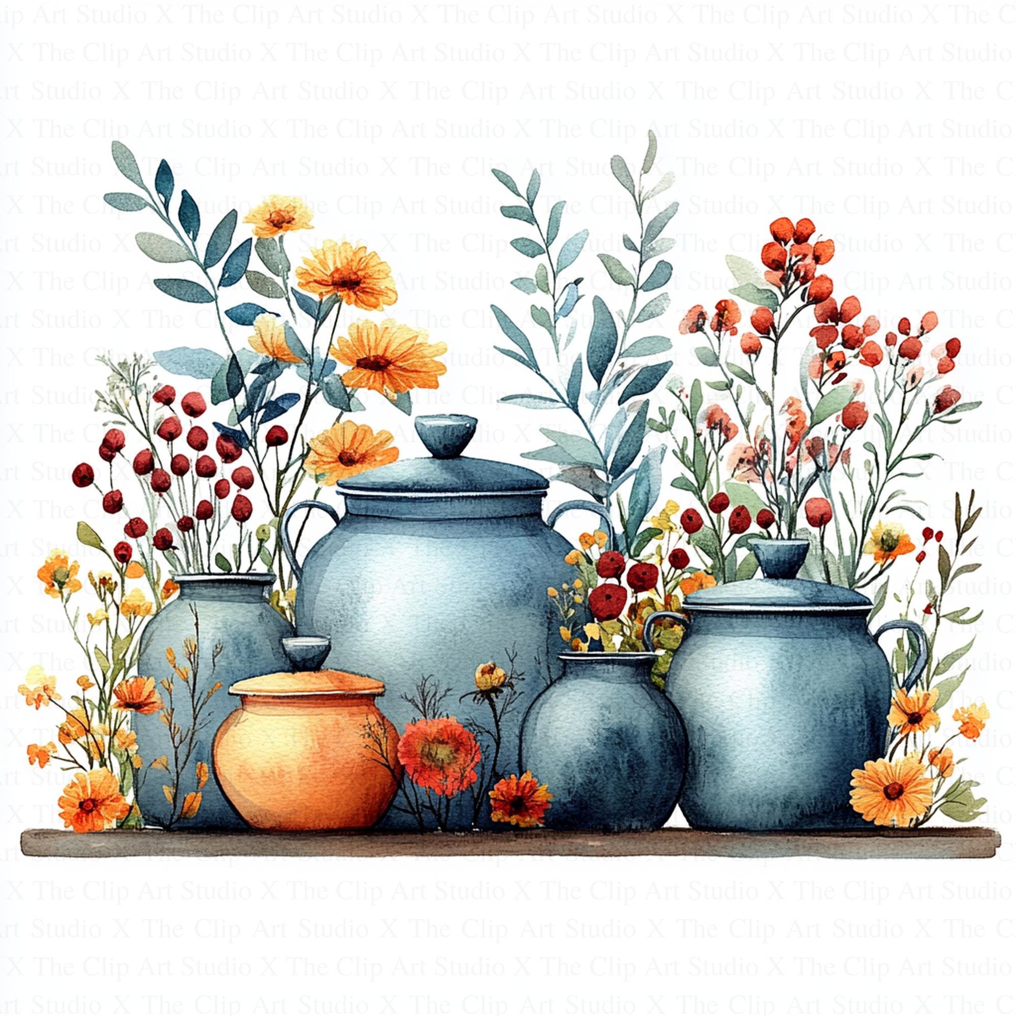Floral Kitchen Clipart 10 High Quality Jpgs Digital Download Pots and ...