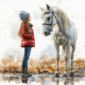 Watercolor Girl & Horse Clipart | 10 High Quality Jpgs | Digital ...