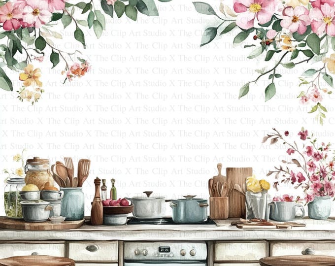 10 Country Kitchen Clipart, Floral Kitchen Clipart, Shabby Chic Wall ...